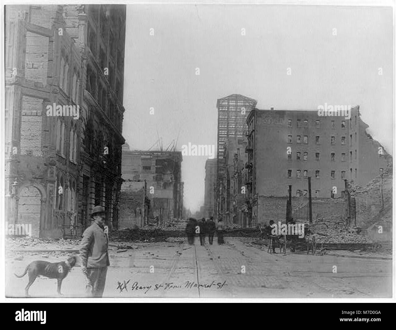 This image captures the view of Geary Street from Market Street ...