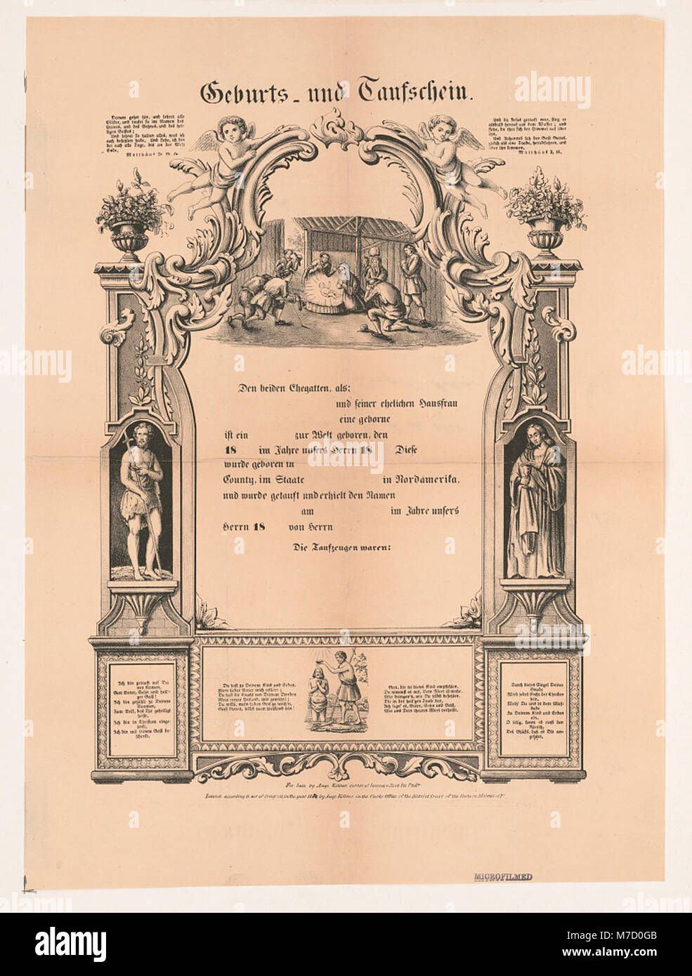 A birth and baptismal certificate from a historical document ...