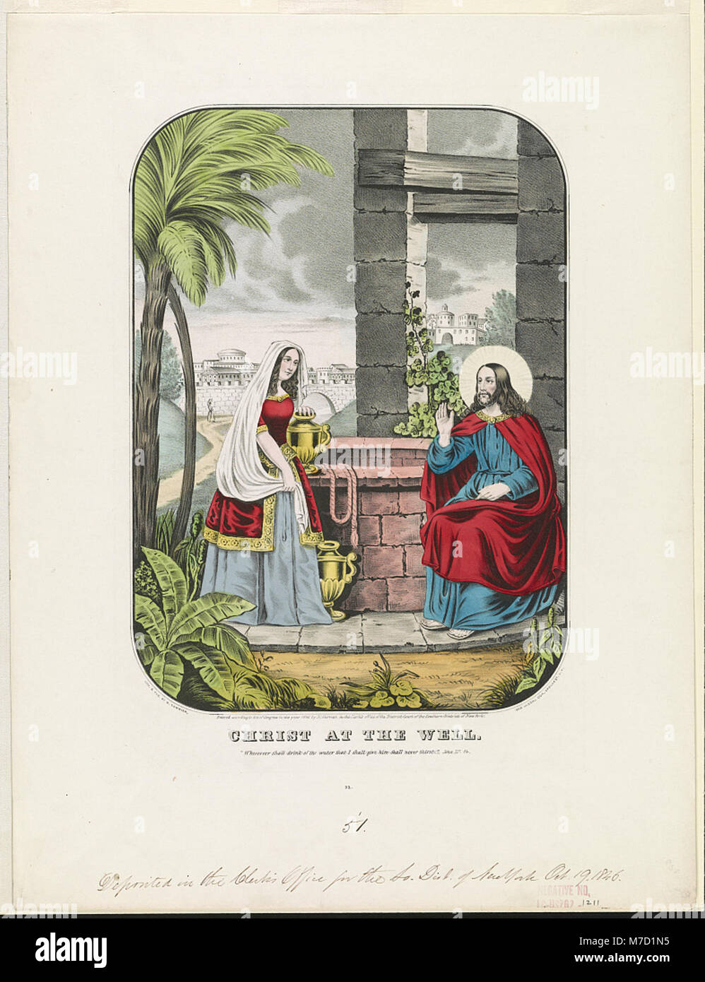 This image depicts a historical representation of Christ at the well, a ...