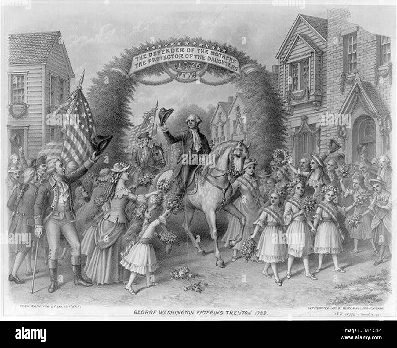 A depiction of George Washington's entry into Trenton in 1789, a ...