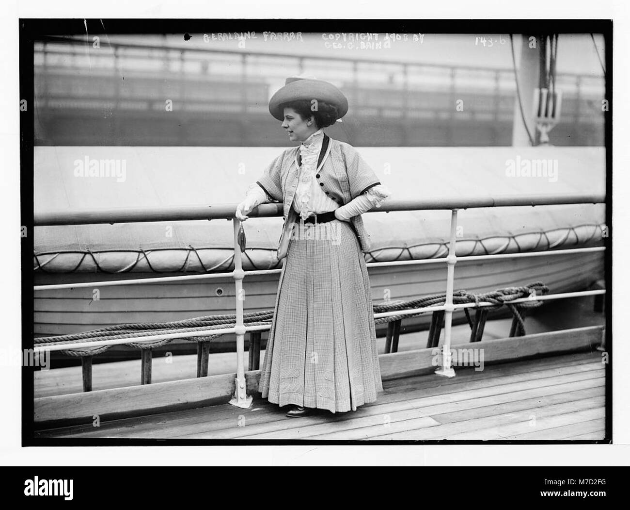 A portrait of opera singer Geraldine Farrar aboard a ship, showcasing ...