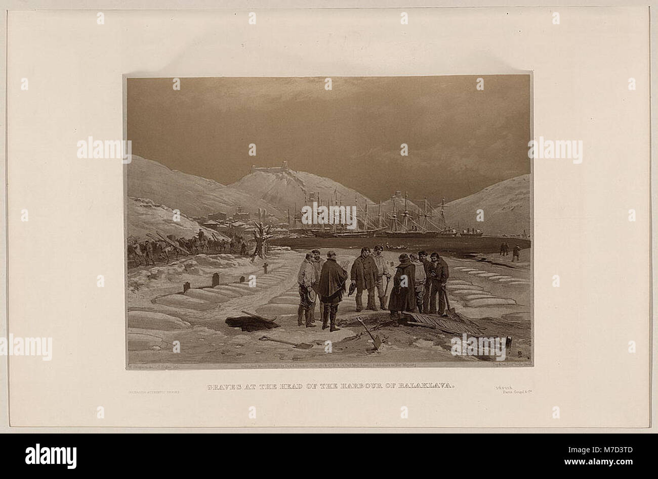 A lithograph depicting the graves at the head of the harbor of ...