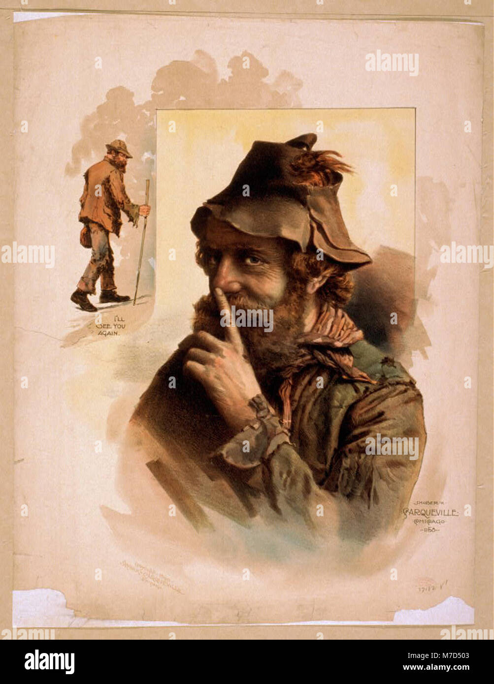 A portrait of a bearded tramp wearing a hat, captured in a half-length ...