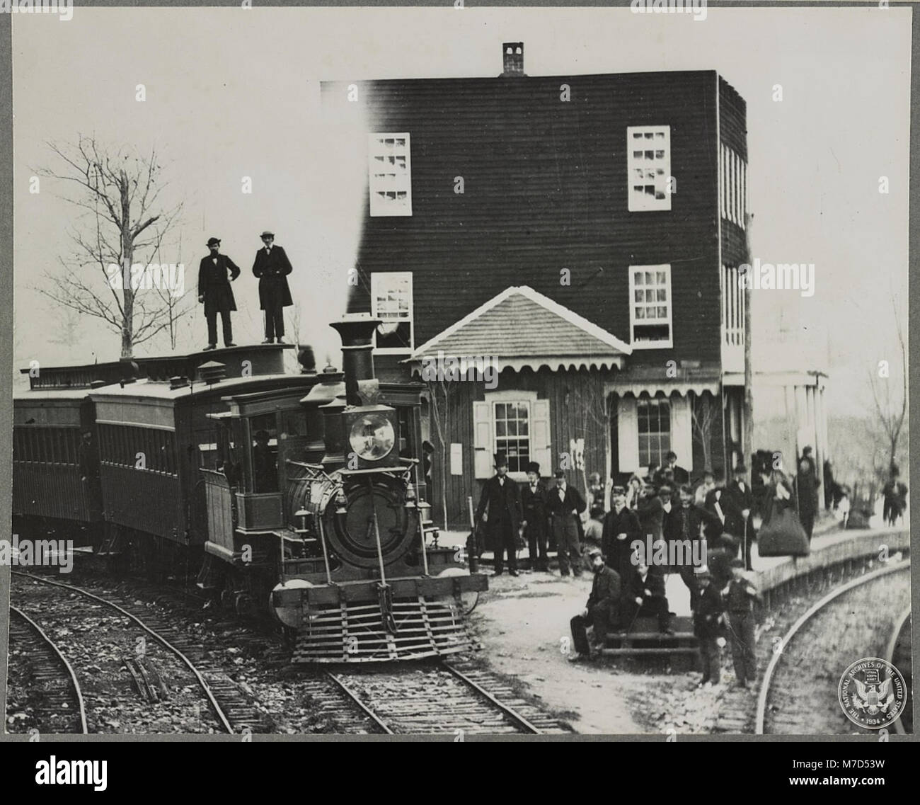 A historical image from 1863 showing the railroad station at Hanover ...