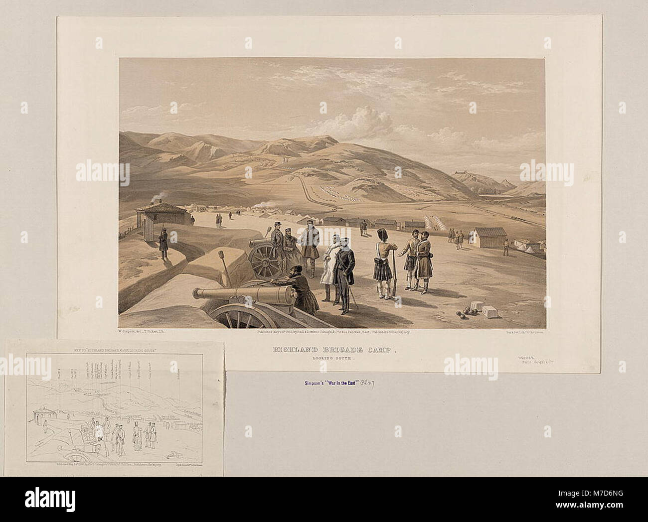 This lithograph depicts the Highland Brigade camp, looking south. It is ...