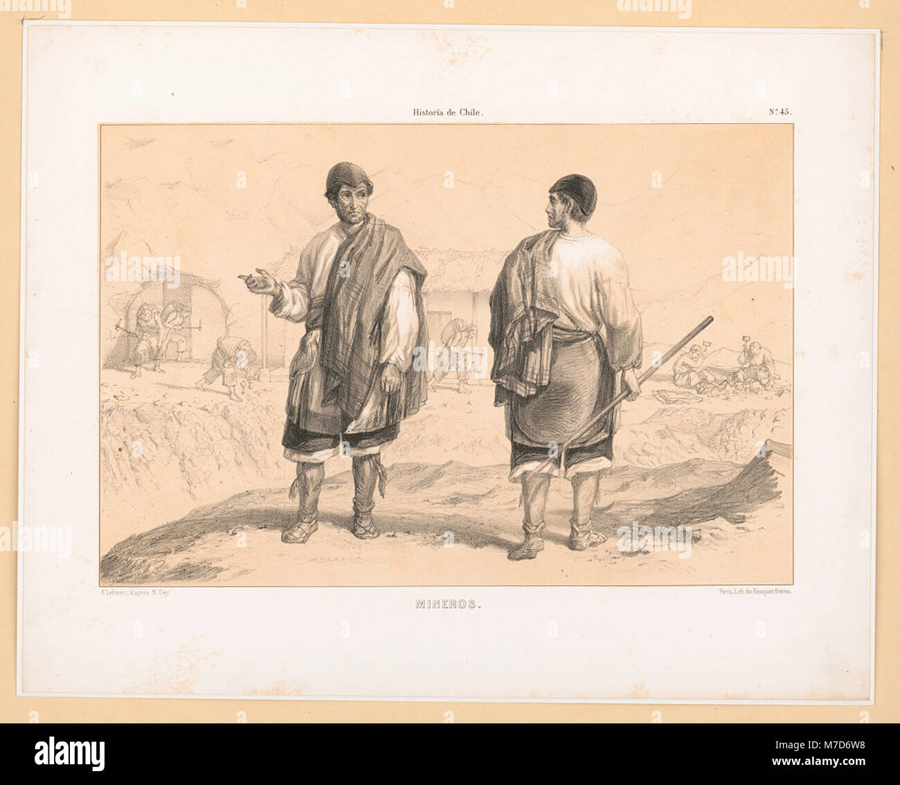 A historical image from the series 'Historia de Chile,' showing miners ...