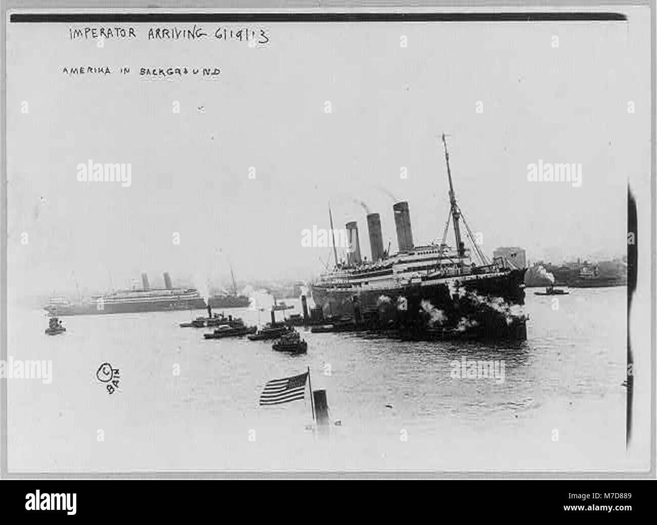 A photograph of the Imperator arriving with the Amerika ship in the ...