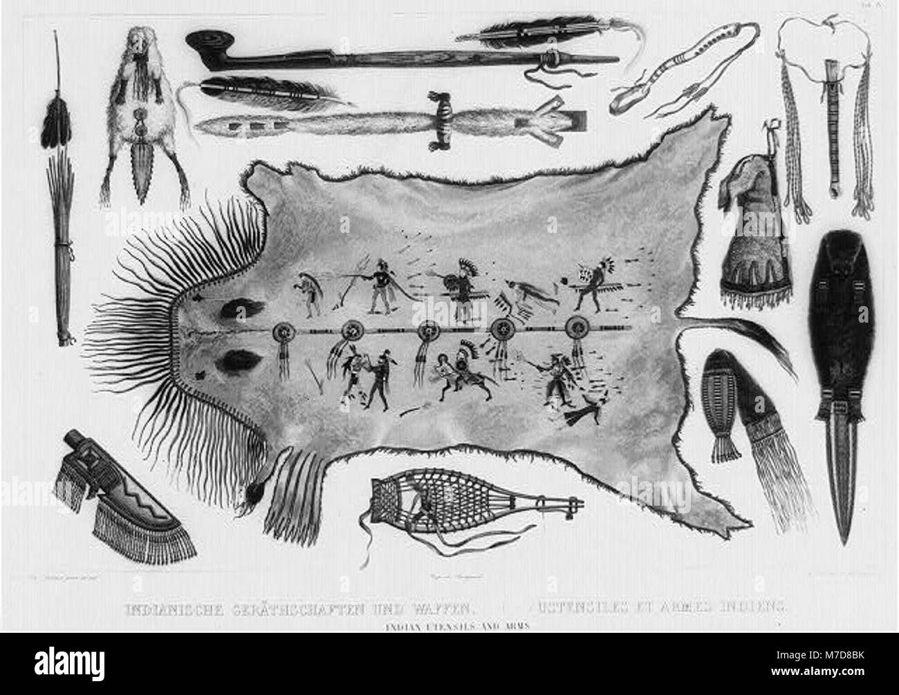 A depiction of Native American utensils and weapons, highlighting the ...
