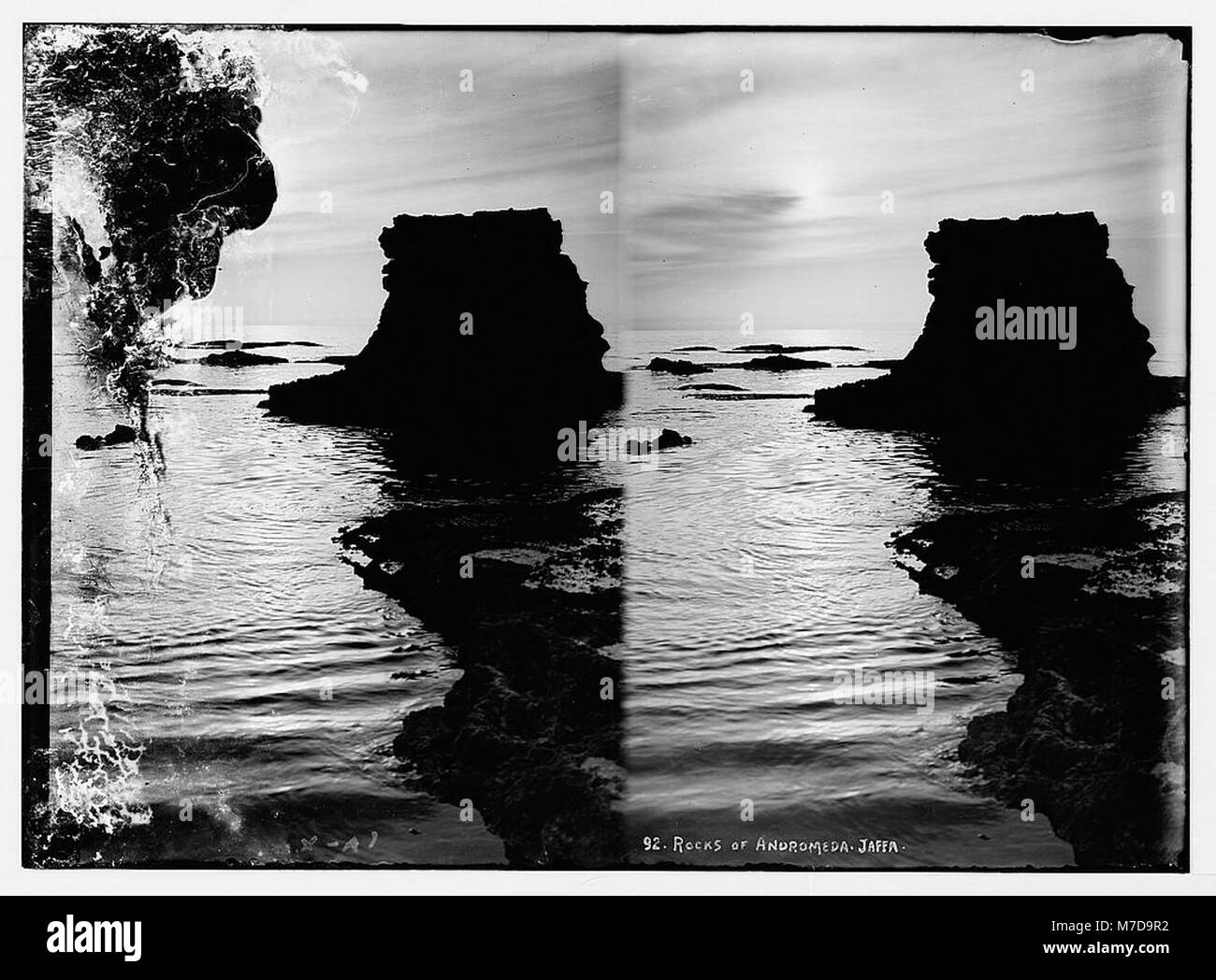 This photograph shows the Rocks of Andromeda in Jaffa, Israel, a ...