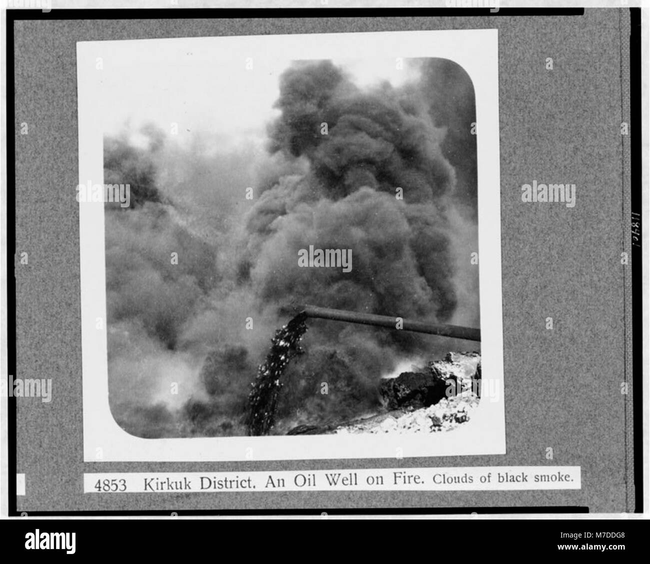 Photograph of an oil well on fire in the Kirkuk district, Iraq, showing ...