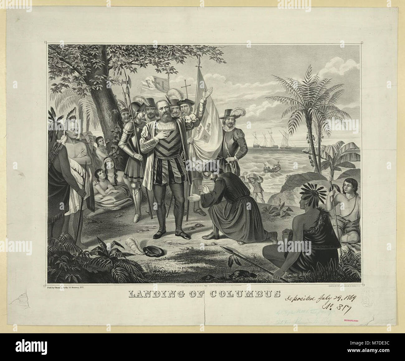 The image depicts Christopher Columbus landing on the shores of the New ...