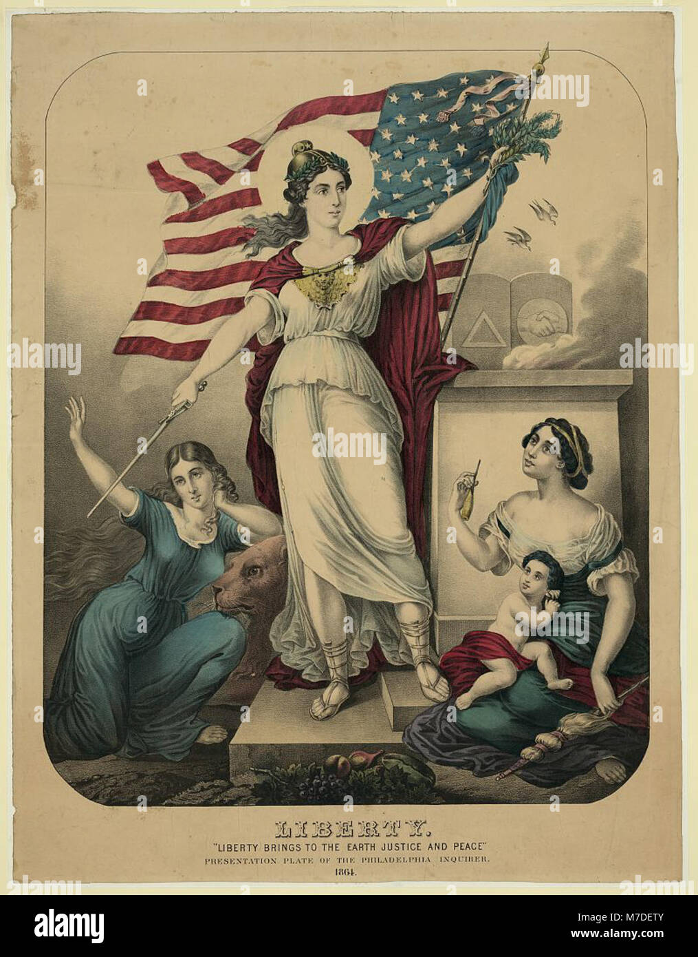 This World War I-era poster features a symbolic depiction of Liberty ...