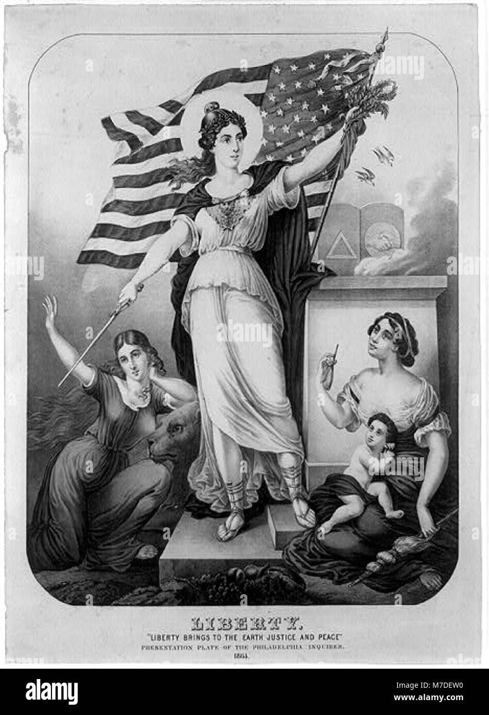 A symbolic image depicting Liberty, with the phrase 'Liberty brings to ...