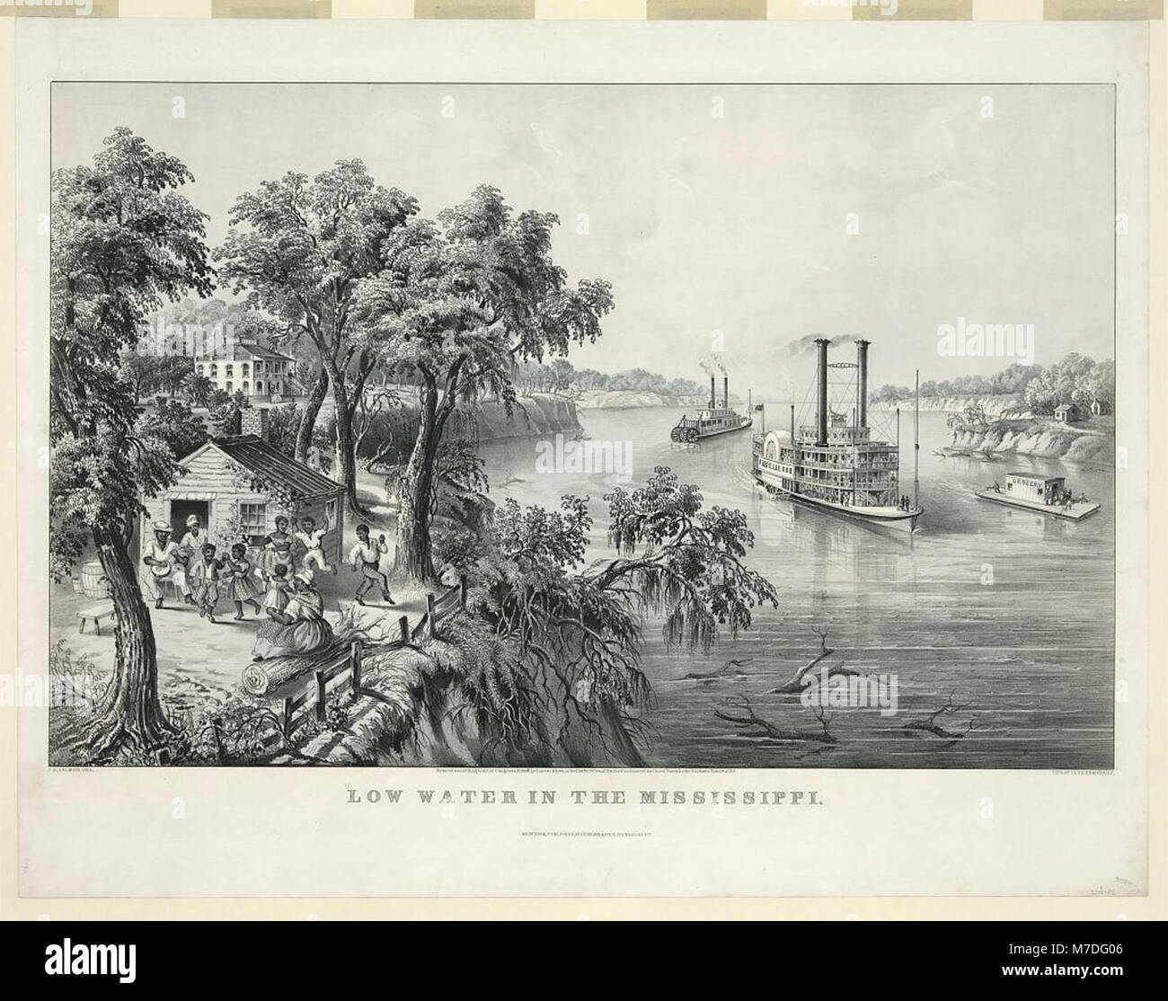 The image depicts a low-water condition in the Mississippi River ...