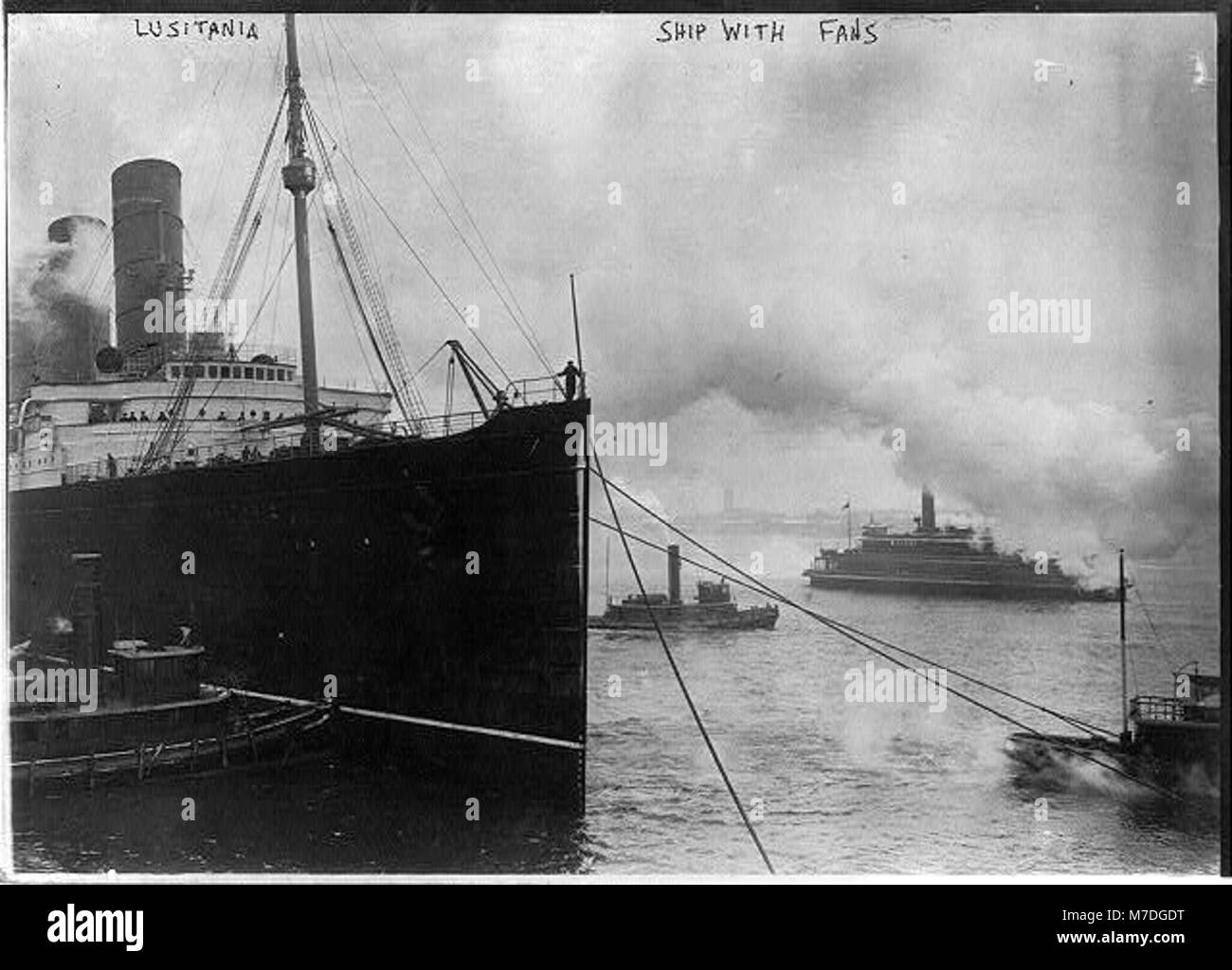 A photograph of the RMS Lusitania in New York City, showing its bow ...