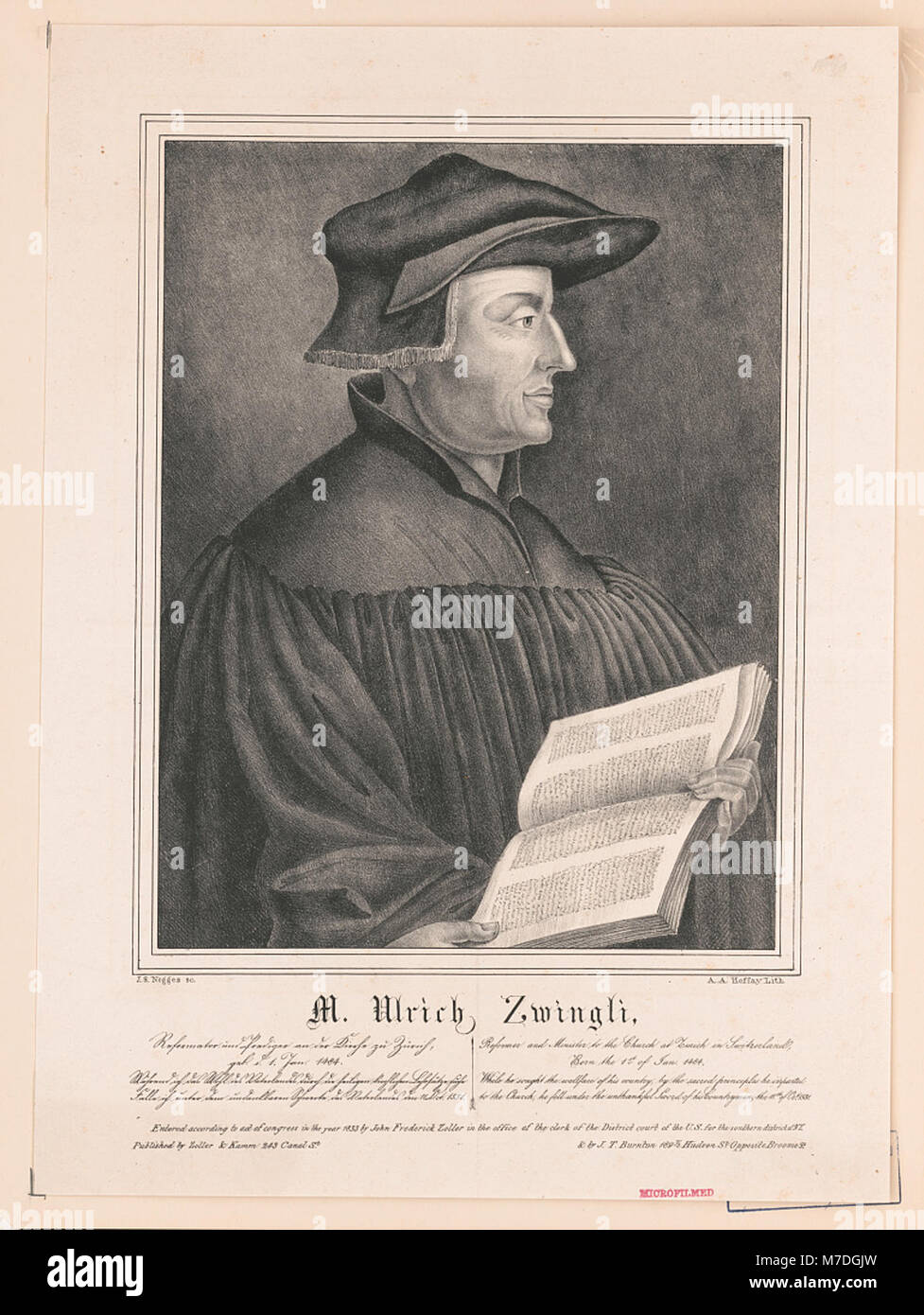 A portrait of M. Ulrich Zwingli, the Swiss Reformation leader, known ...