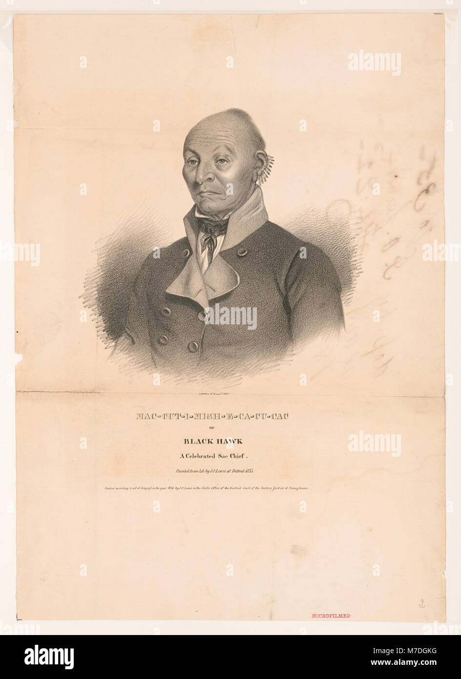 A lithograph portrait of Black Hawk, a prominent Sac leader, painted ...