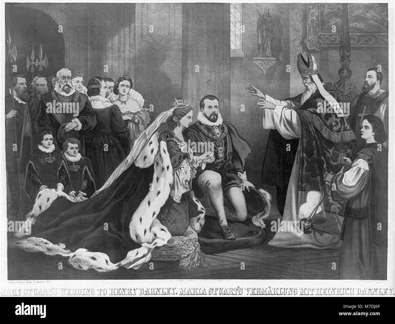 A historical image of Mary Stuart, Queen of Scots, at her wedding to ...