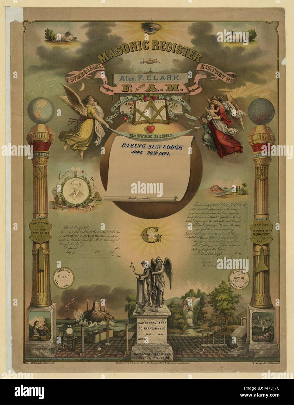 A lithograph created by Strobridge & Co. depicting a Masonic register ...