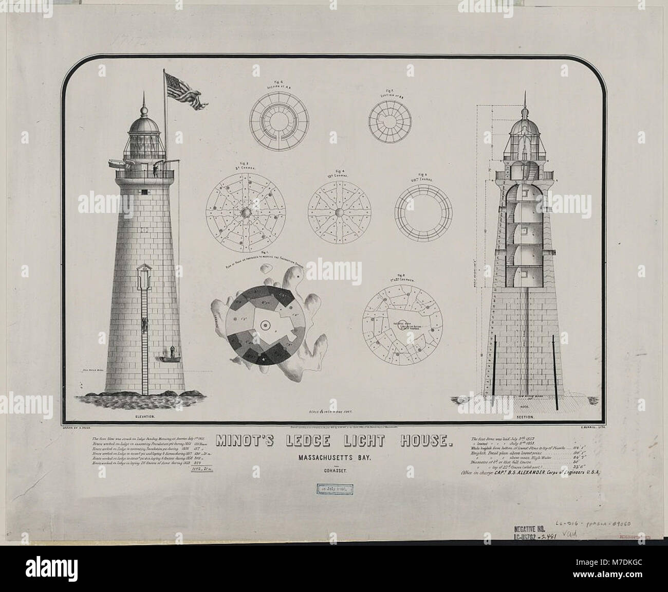 A lithograph of Minot's Ledge Lighthouse in Massachusetts Bay, near ...