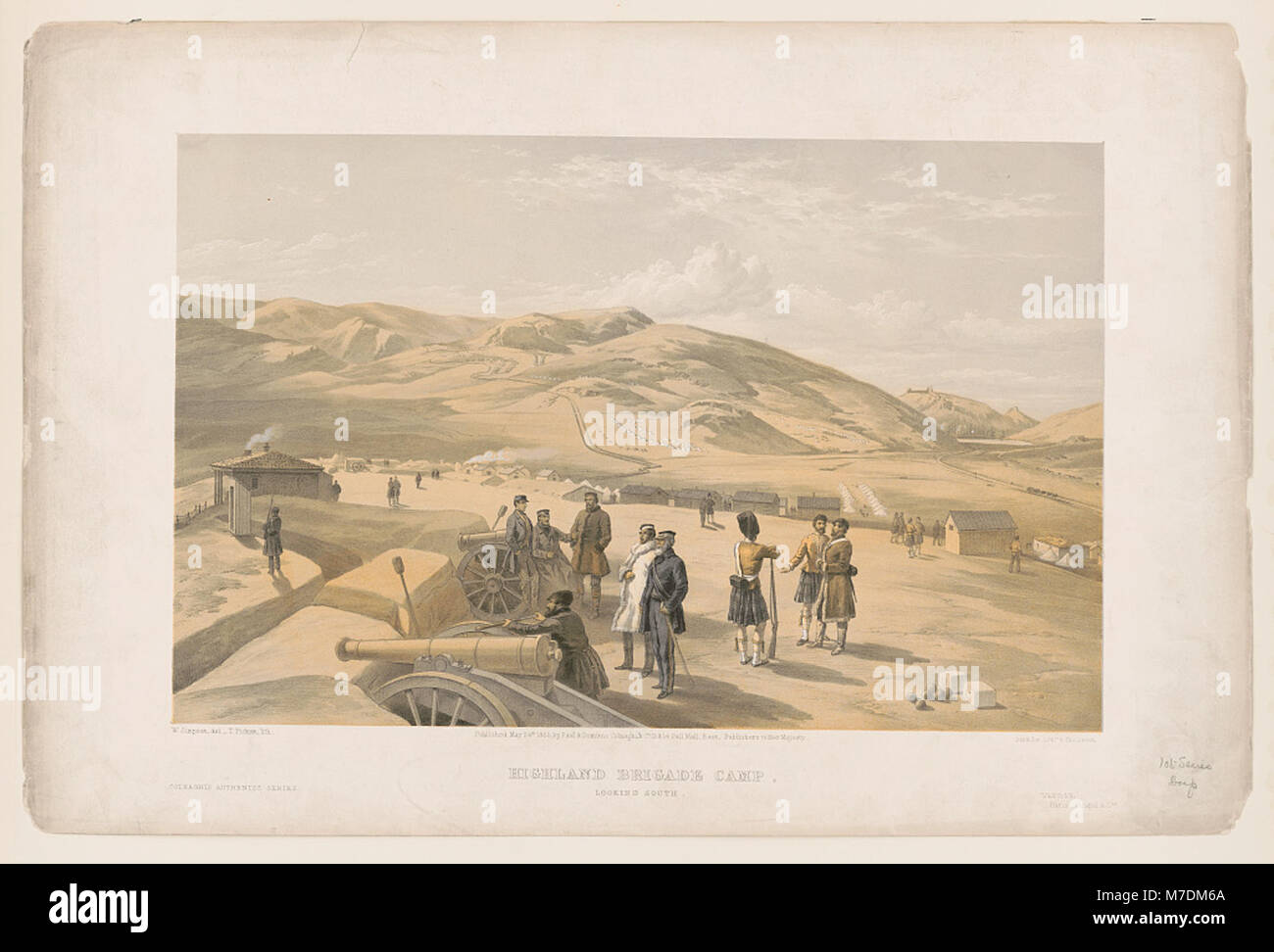 A lithograph depicting the Highland Brigade camp, showing the view to ...