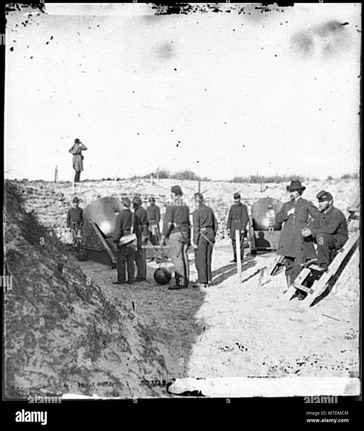 A historical image showing federal mortars stationed on Morris Island ...