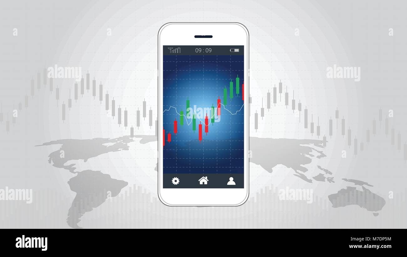 Smart phone screen showing financial and candlestick graph charts ...