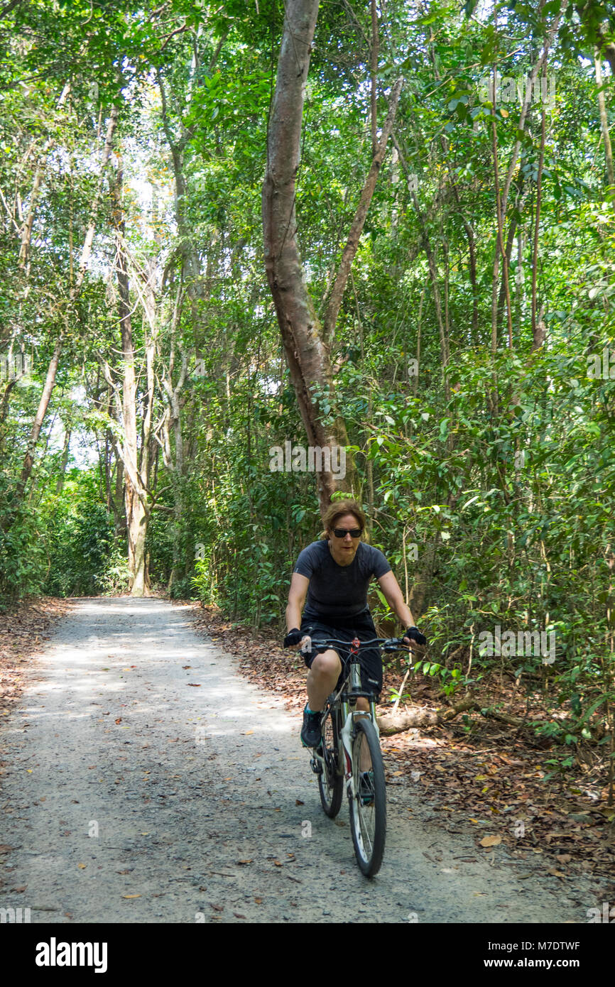 A female tourist riding a bicycle through the forest on the island of ...