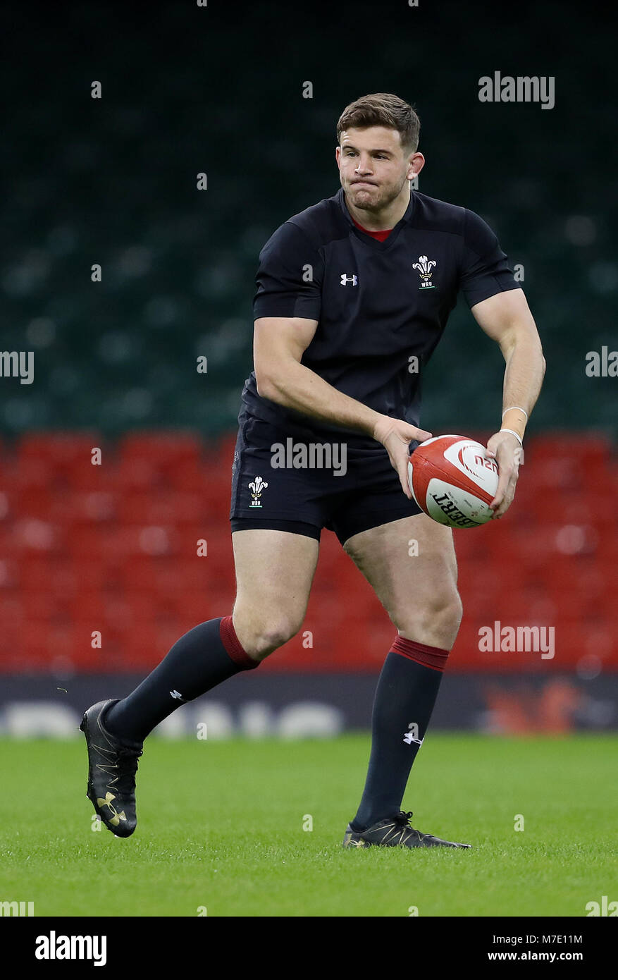 Wales Owen Watkin during the captain's run at the Principality Stadium ...