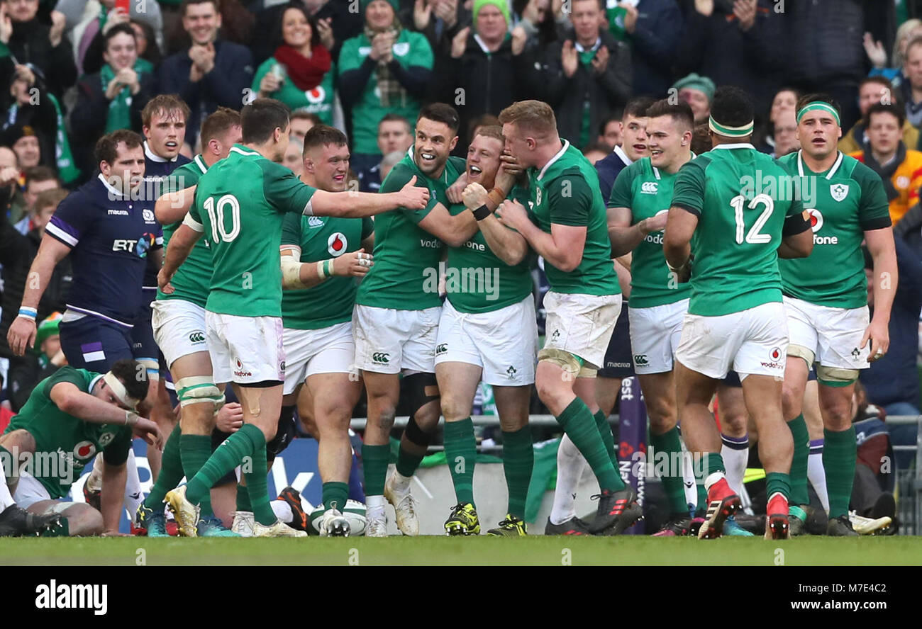 Ireland's Sean Cronin (centre) celebrates scoring a try during the ...