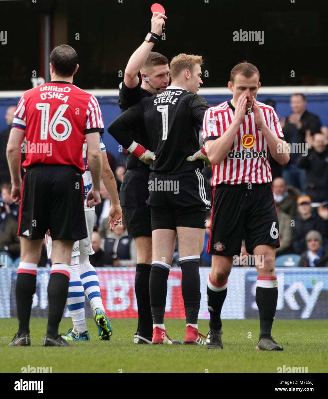 Sunderland goalkeeper Jason Steele is shown the red card by the referee ...