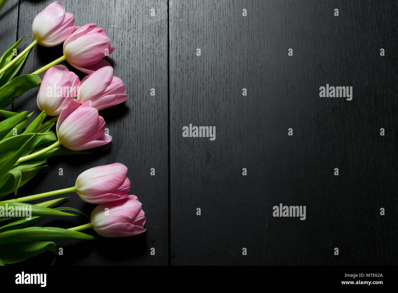 Border from bright pink tulips flowers on black wooden background Stock ...