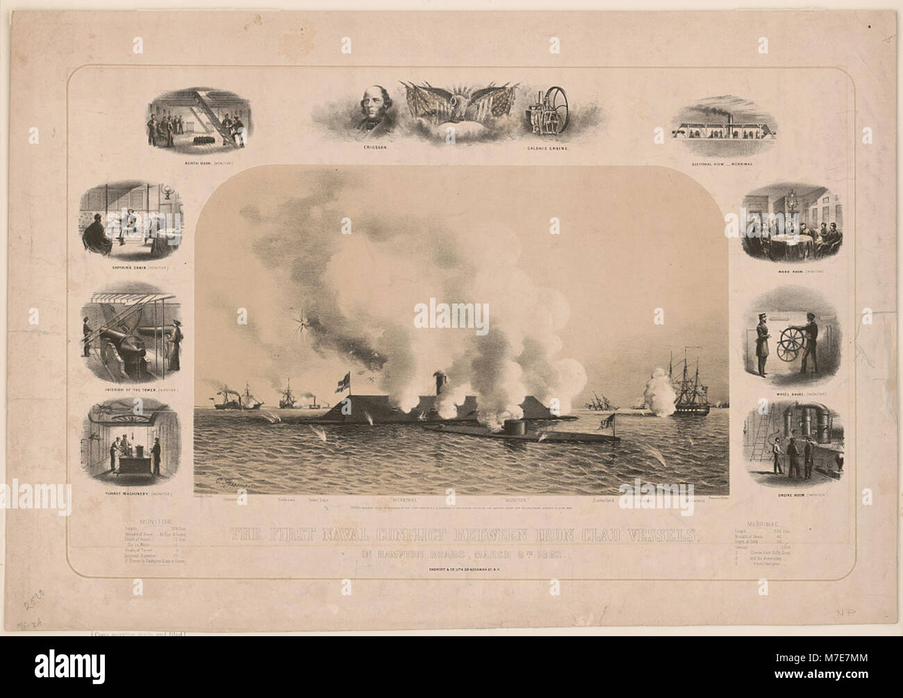 The photograph depicts the first naval battle between ironclad ships ...