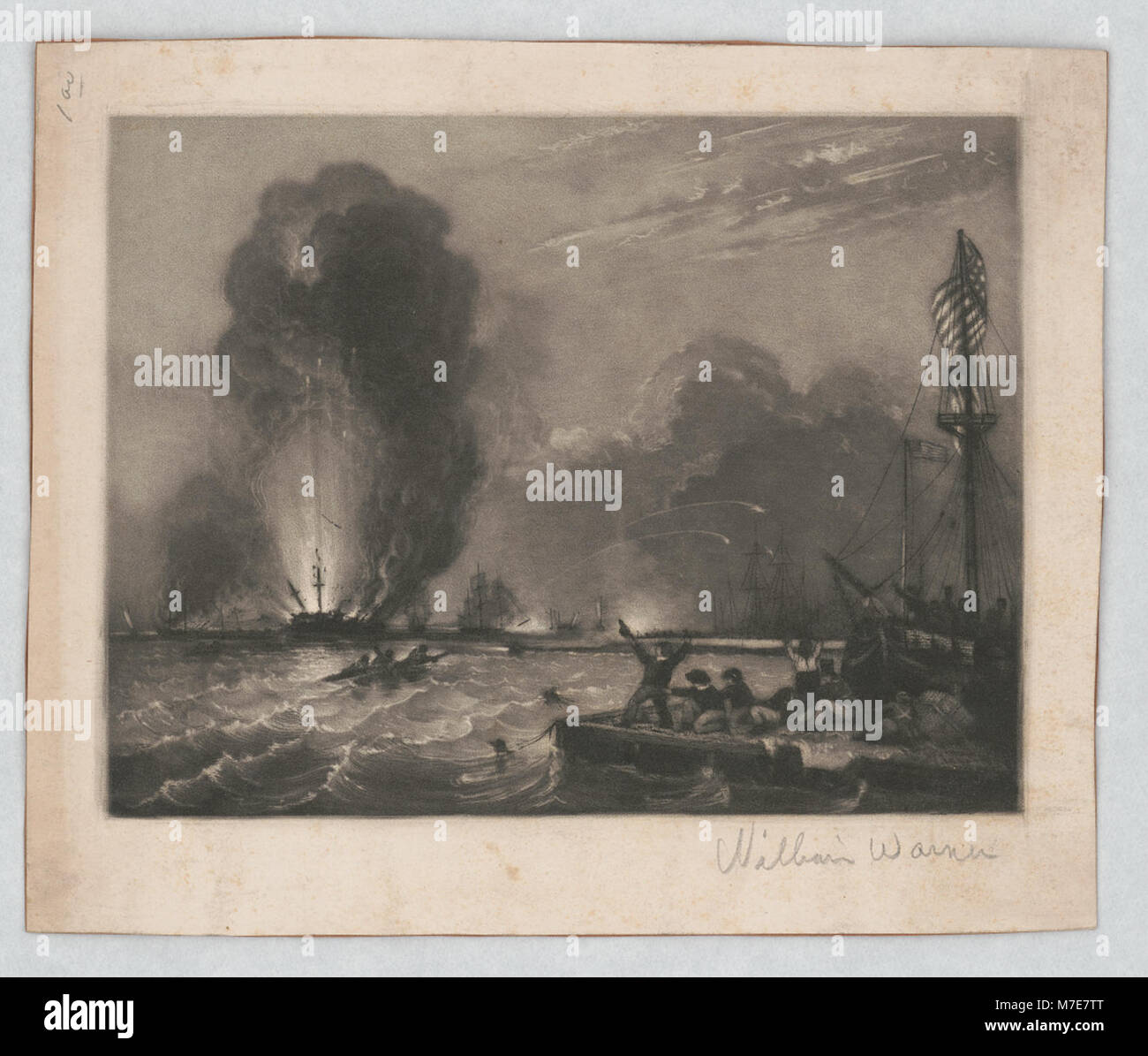 This image depicts a naval battle with an American battleship engaged ...