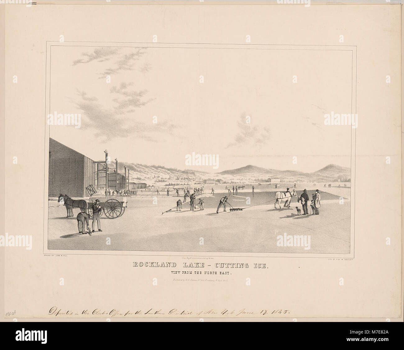 A historical photograph showing the process of cutting ice at Rockland ...