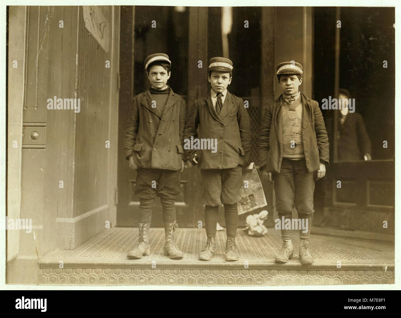A historical photo from March 8, 1909, showing messenger boys working ...