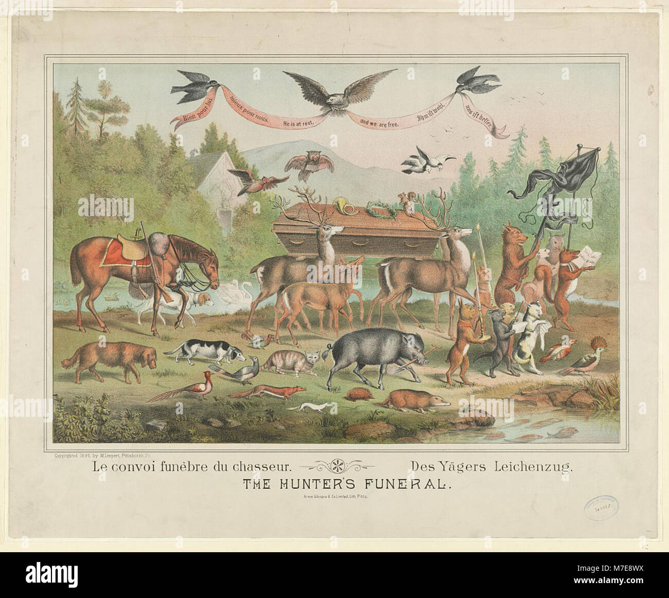 This historical image depicts the funeral procession of a hunter ...