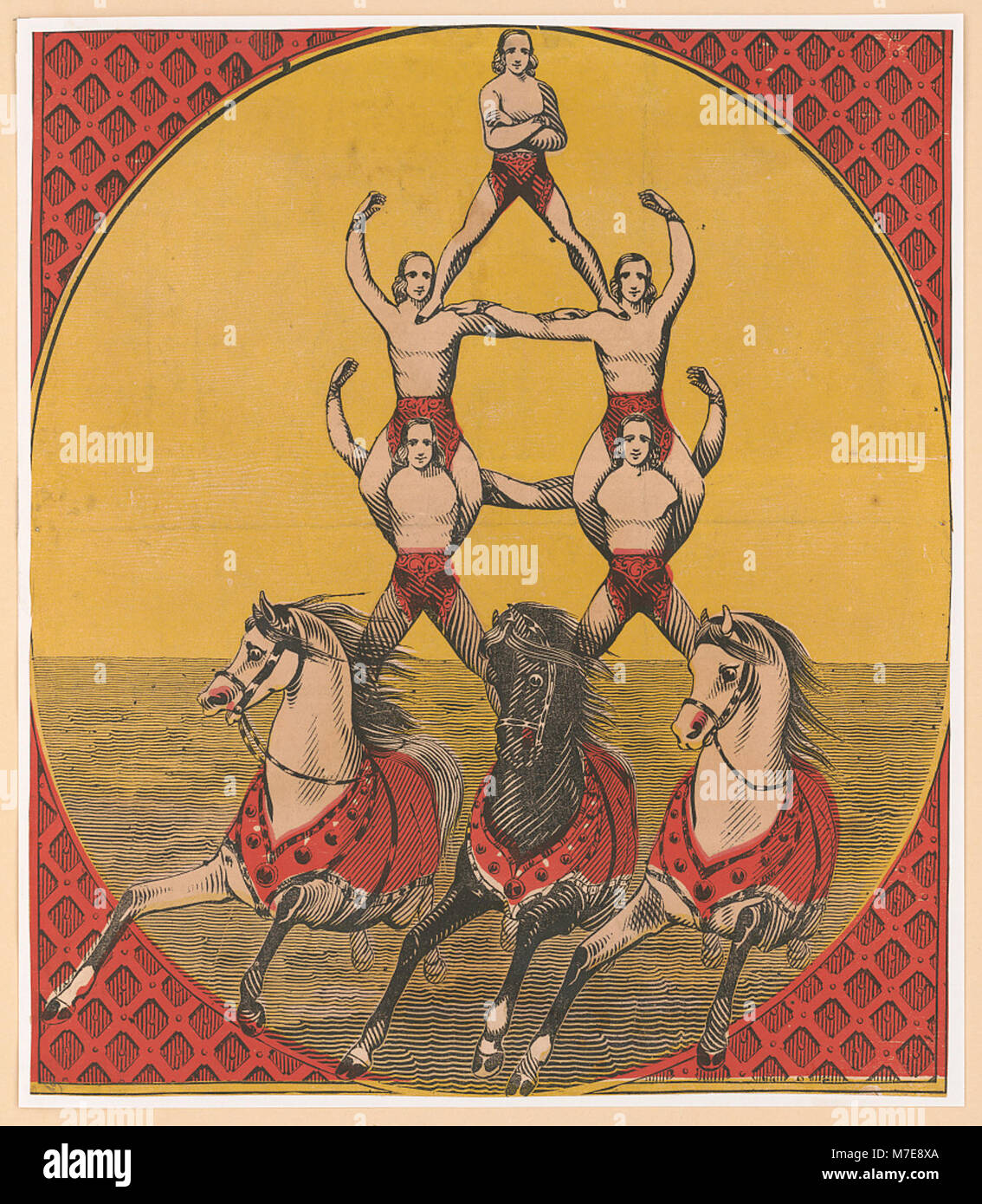 An action-packed image depicting five acrobats performing a ...