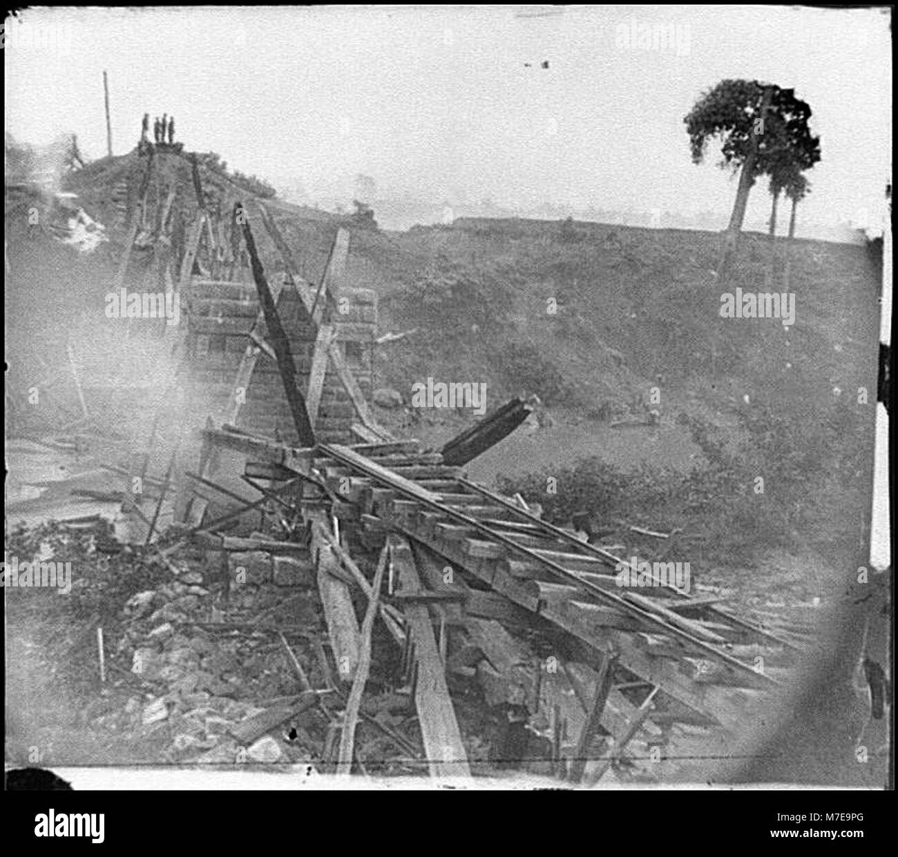 This photograph shows the destroyed bridge over the North Anna River in ...