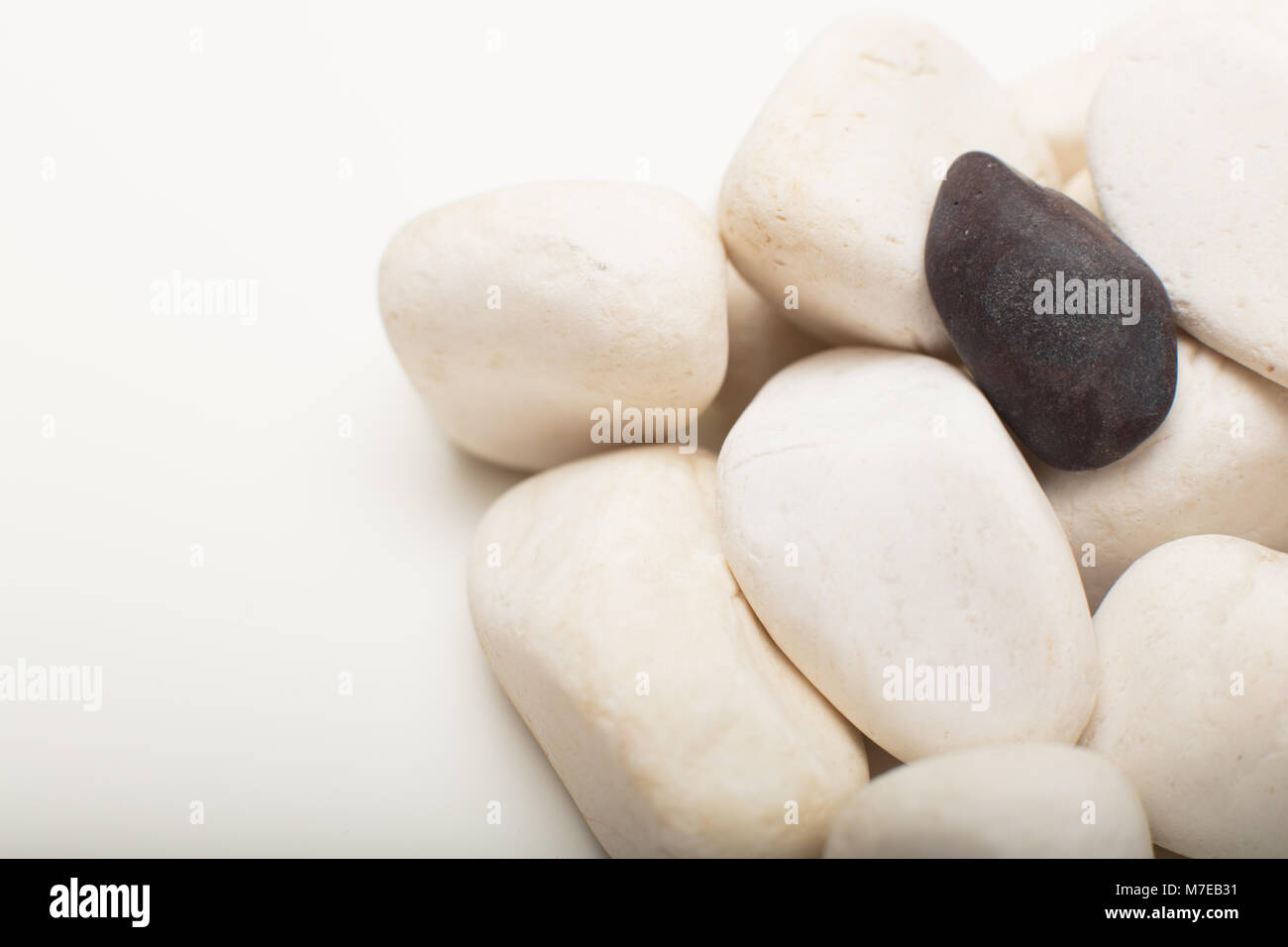 Water washed smooth white pebbles with a single black one on a white ...