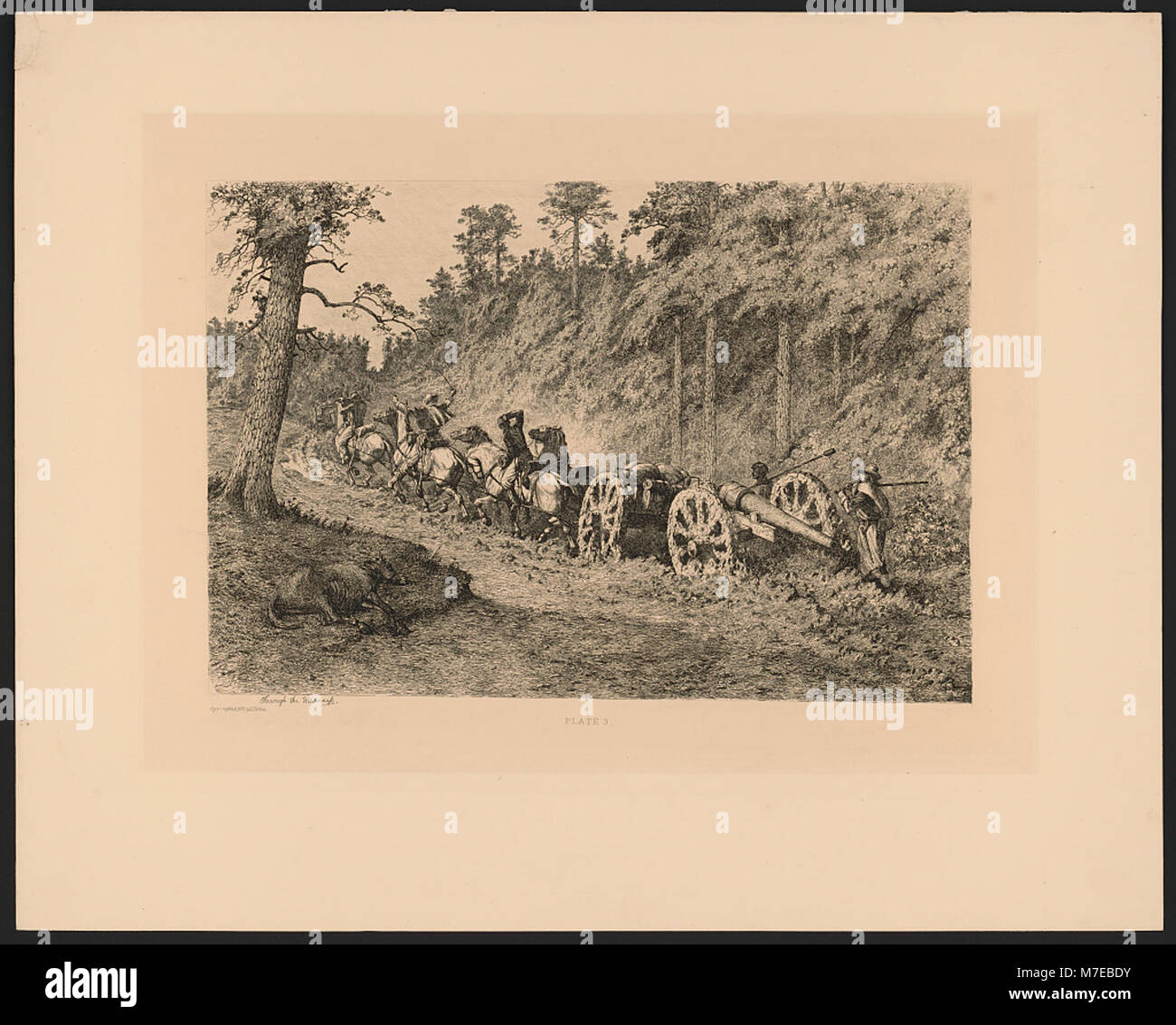 Etching by Edwin Forbes depicting an artillery team maneuvering a ...
