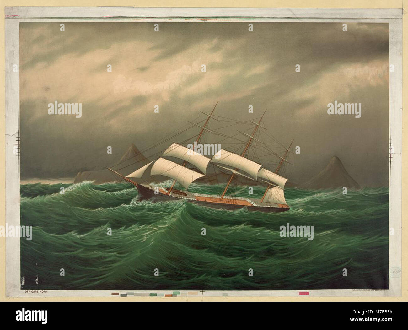 A photograph capturing a ship sailing off the southern tip of Cape Horn ...