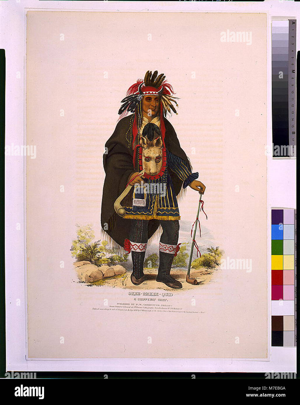 A lithograph of Okee-Makee-Quid, a Chippewa chief, showcasing Native ...