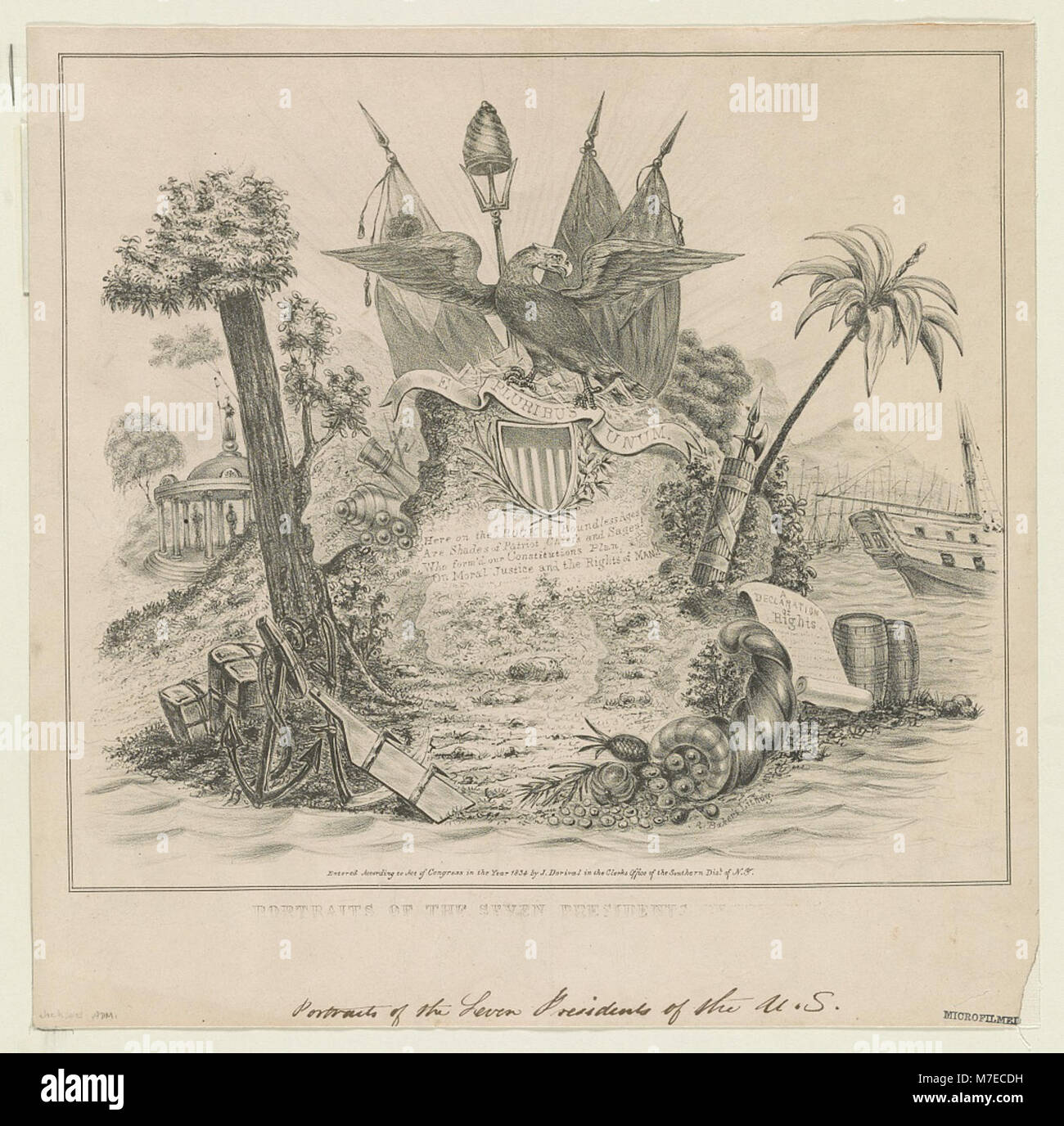 A lithograph featuring portraits of the seven presidents of the United ...