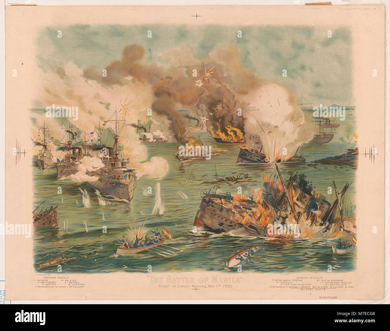 Depiction of the Battle of Manila on May 1, 1898, part of the Spanish ...