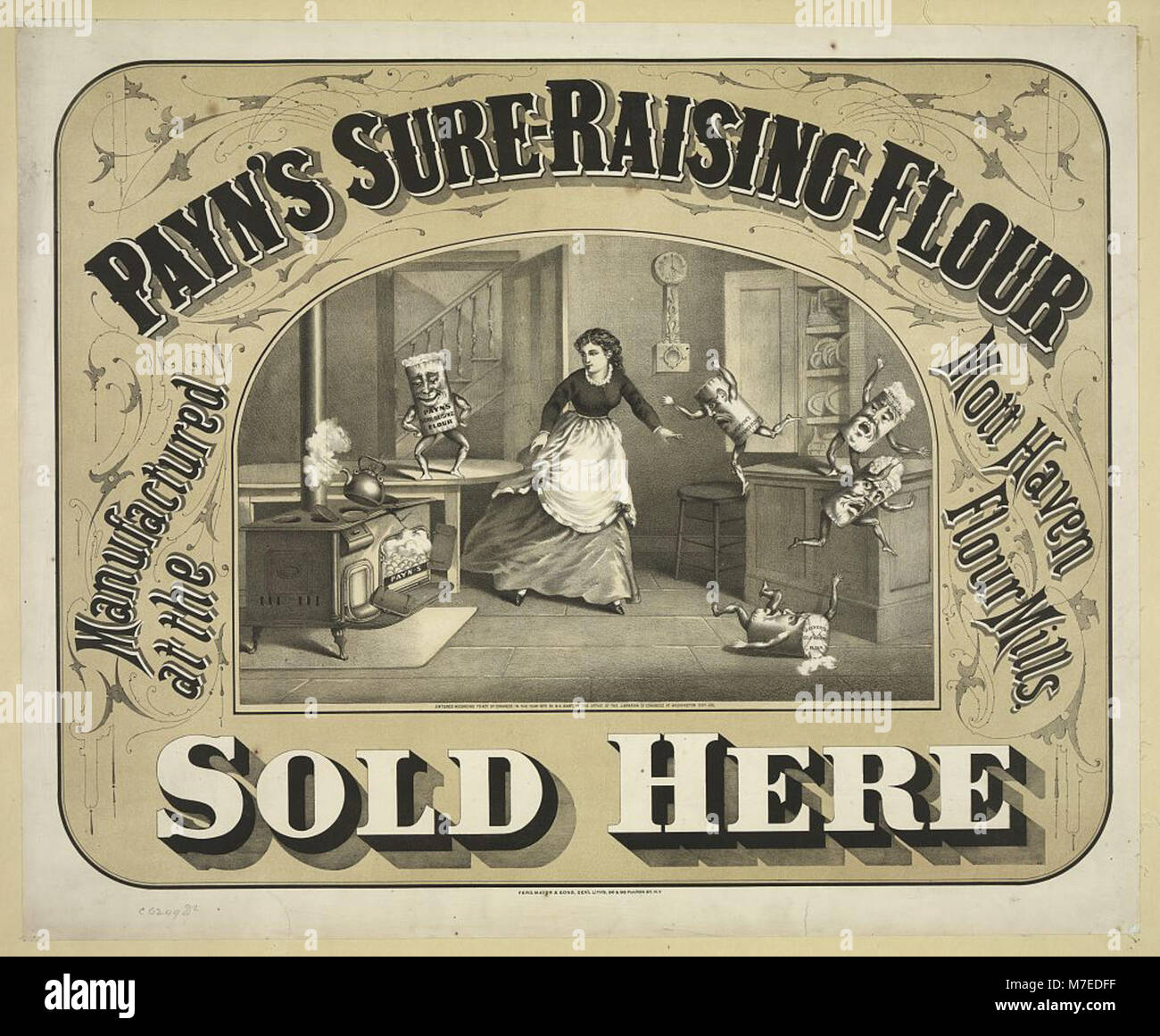 An advertisement or packaging for Payn's Sure-Raising Flour, a product ...
