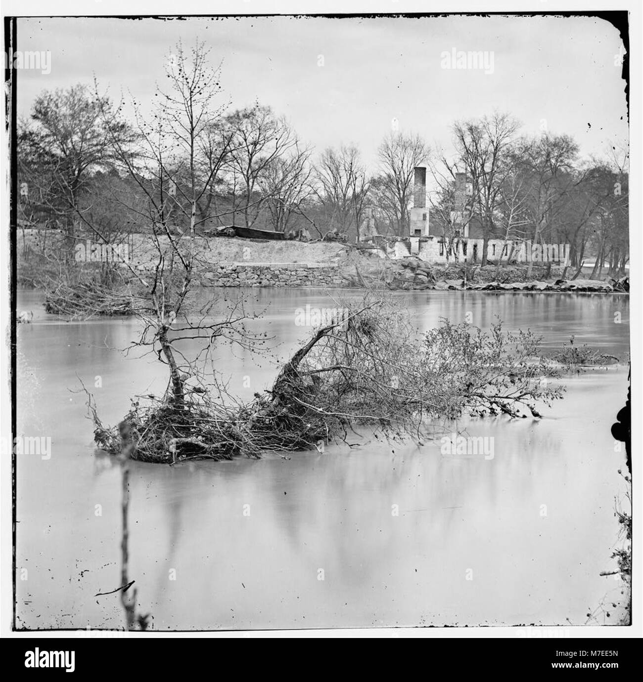 A photograph of the ruins of a railroad bridge in Petersburg, Virginia ...