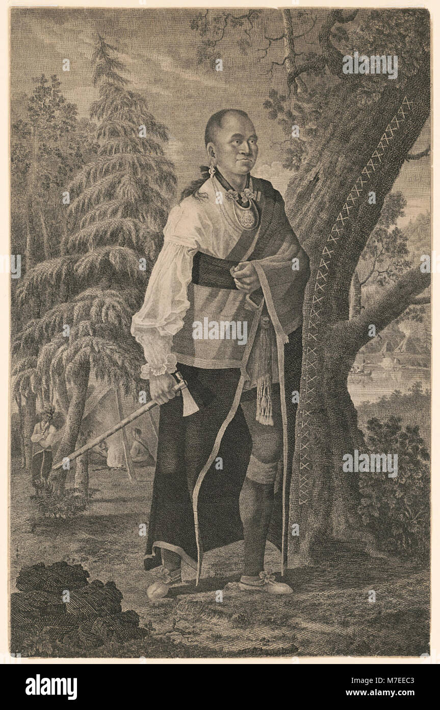 A full-length portrait of Hendrick, a Mohawk chief, standing with a ...