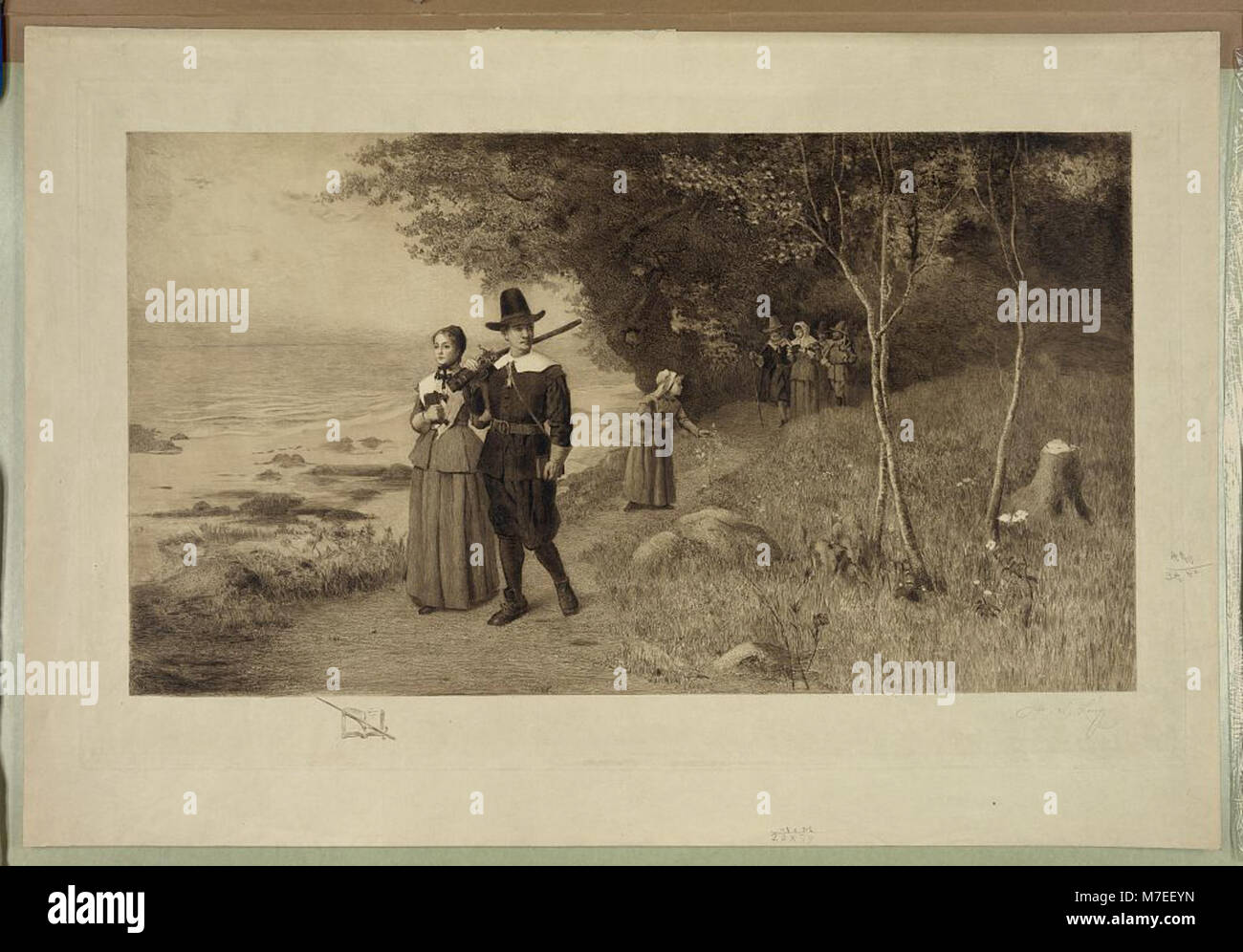 This image depicts pilgrims walking down a path while holding Bibles ...