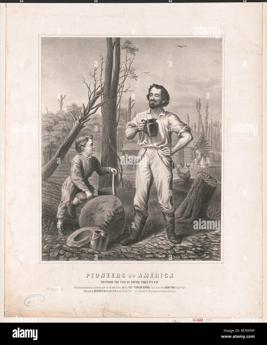 The image depicts the movement of American pioneers westward ...